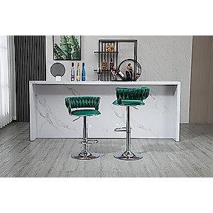 Kakotito 360° Velvet Swivel Bar Stools with Low Back & Footrest, Adjustable Counter Barstools, Silver Bar Stool (Set of 2 - Silver Version, Emerald)