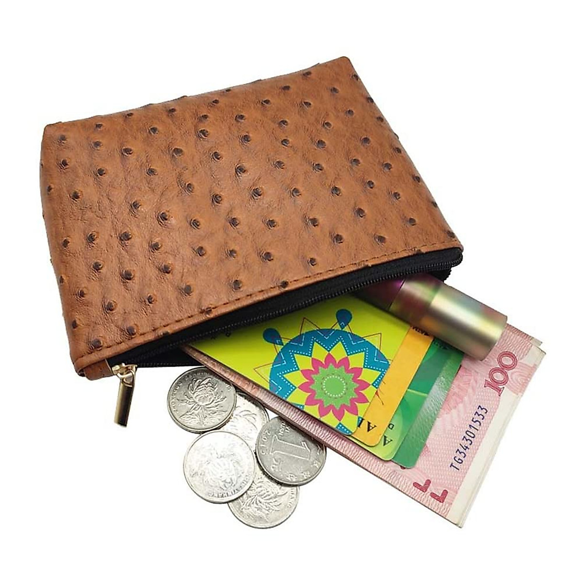 Bestmaple Portable Fashion PU Ostrich Grained Leather Coin Pouch Credit Card Holder Small Thin Wallet Travel Pouch Change Zipper Purse (Brown)