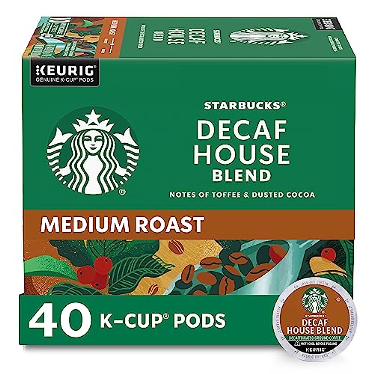 Starbucks Decaf K-Cup Coffee Pods, House Blend for Keurig Brewers, 1 box (40 pods)