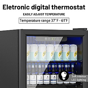 DOGHLY 1.6 Cu.ft Beverage Refrigerator Cooler, 70 Can Mini Fridge with Glass Reversible Door, Digital Temperature Display for Soda, Beer or Wine For Office or Bar with Adjustable Removable Shelves
