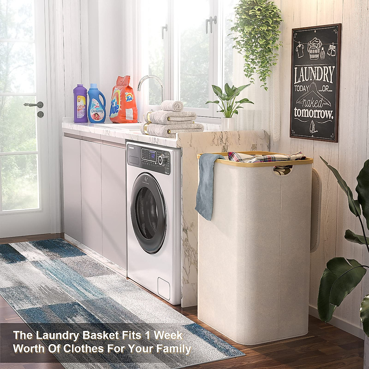 Homykic Laundry Hamper with Lid, 100L Tall Laundry Basket Collapsible with Bamboo Handles, Large Waterproof Laundry Bin Storage for Dorm, Bathroom, Bedroom, Clothing, Clothes, Toys, Cream White