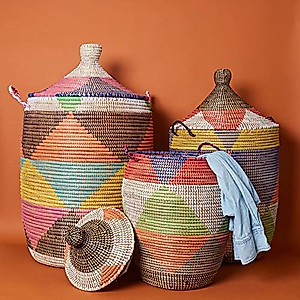 Senegal Extra Large Hand Woven Grass Colorful Triangle Basket with Hooded Lid