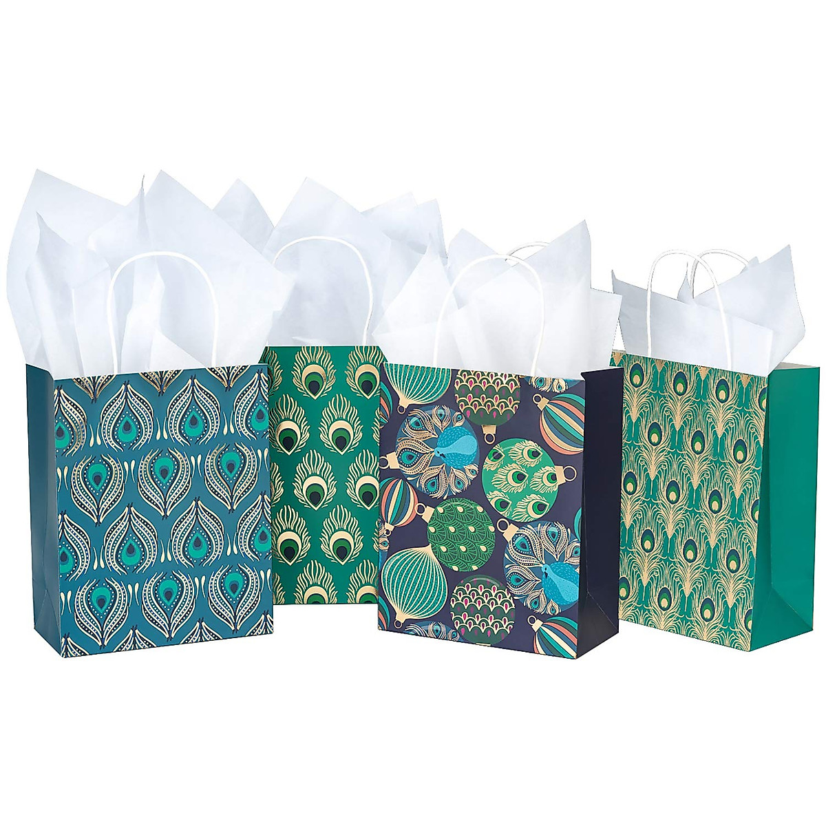 WRAPAHOLIC Medium Size Gift Bags - 12 Pack Gold Foil Peacock Feathers Paper Bags with White Tissue Paper for Christmas, Party, Celebrating - 8" x 4" x 10"