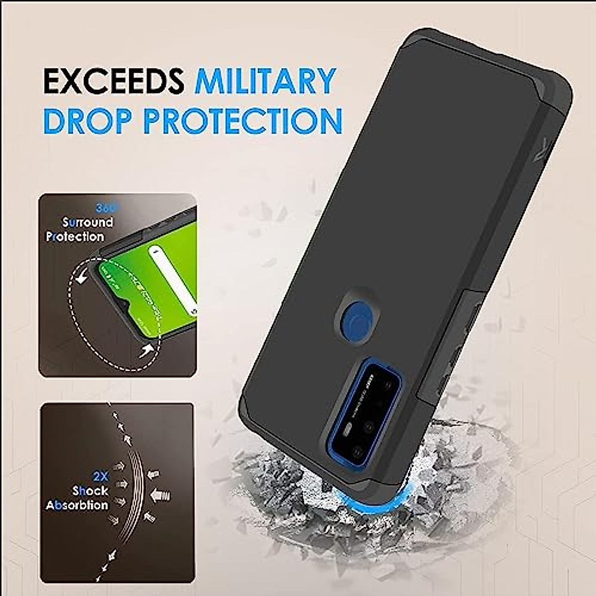 TJS Compatible with AT&T Radiant Max 5G 6.8"/Cricket Dream 5G/Cricket Innovate 5G/AT&T Fusion 5G Case, with Tempered Glass Screen Protector, Dual Layer Hybrid Shockproof Impact Phone Case (Black)