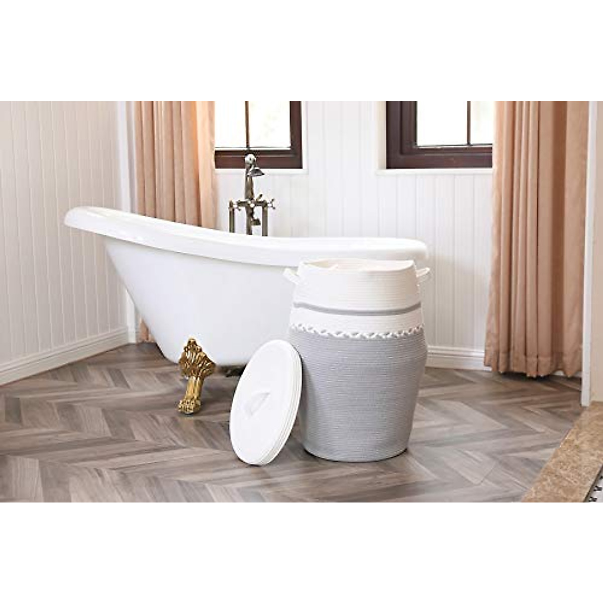 26" x 20" Tall Extra Large Storage Basket with Lid, Cotton Rope Storage Baskets, Woven Laundry Hamper with Cover, Toy Storage Bin, for Toys Blanket in Living Room, Baby Nursery, White/Grey