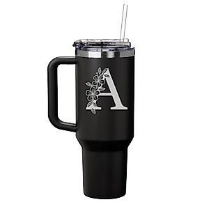 Daylor 40 oz Tumbler with Handle and Straw Lid Stainless Steel Insulated Travel Mug Cup Floral Monogram Letter A (Black)