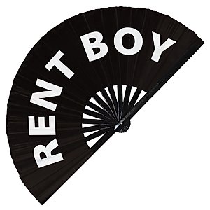 Rent Boy hand fan foldable bamboo circuit hand fan funny gag slang words expressions statement gifts Festival accessories Rave handheld Circuit event fan Clack fans (Black)