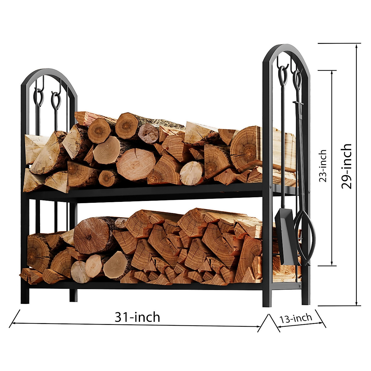 Fire Beauty Fireplace Firewood Log Rack 5-Piece Storage Logs Holder with Tools Set with 4 Tools Set Fireside Holders Wood Lumber Storage Stacking Black