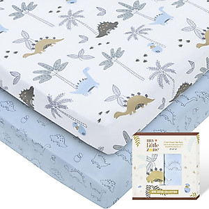 My Little Zone 100% Cotton Crib Fitted Sheets for Baby Boys and Girls, Dinosaur - Breathable Toddler Bed Sheet Set - Dino Safari, 28x52 with 8" Deep Pocket, Blue-White, 2 Pack