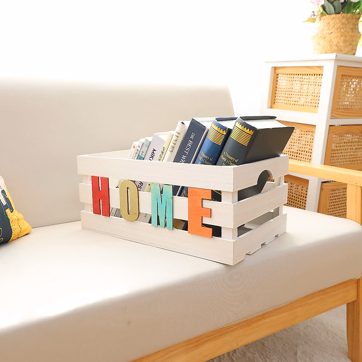 YAHUAN White Wooden Crates Decorative Wood Box Crates for Storage Vintage Wooden Storage Box for Kitchen, Office, Bedroom, Closet, Rustic Country Decor (White Home)