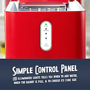 Coca-Cola Automatic Ice Maker, Self- Cleaning, Countertop Size, 26 Pounds in 24 Hours, 9 Large or Small Ice Cubes in 7 Minutes, LED Control Panel, Scoop Included, Perfect for Water Bottles