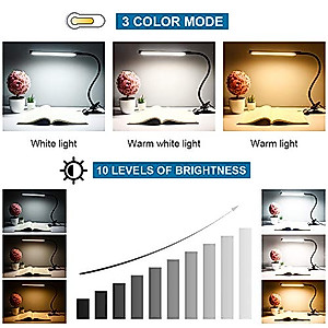 Qooltek Flexible Clip Desk Lamp Reading Light with 3 Color & 10 Brightness, Auto-Off & Memory Function, Clip on Light for Piano, Reading, Working, Relaxing Black