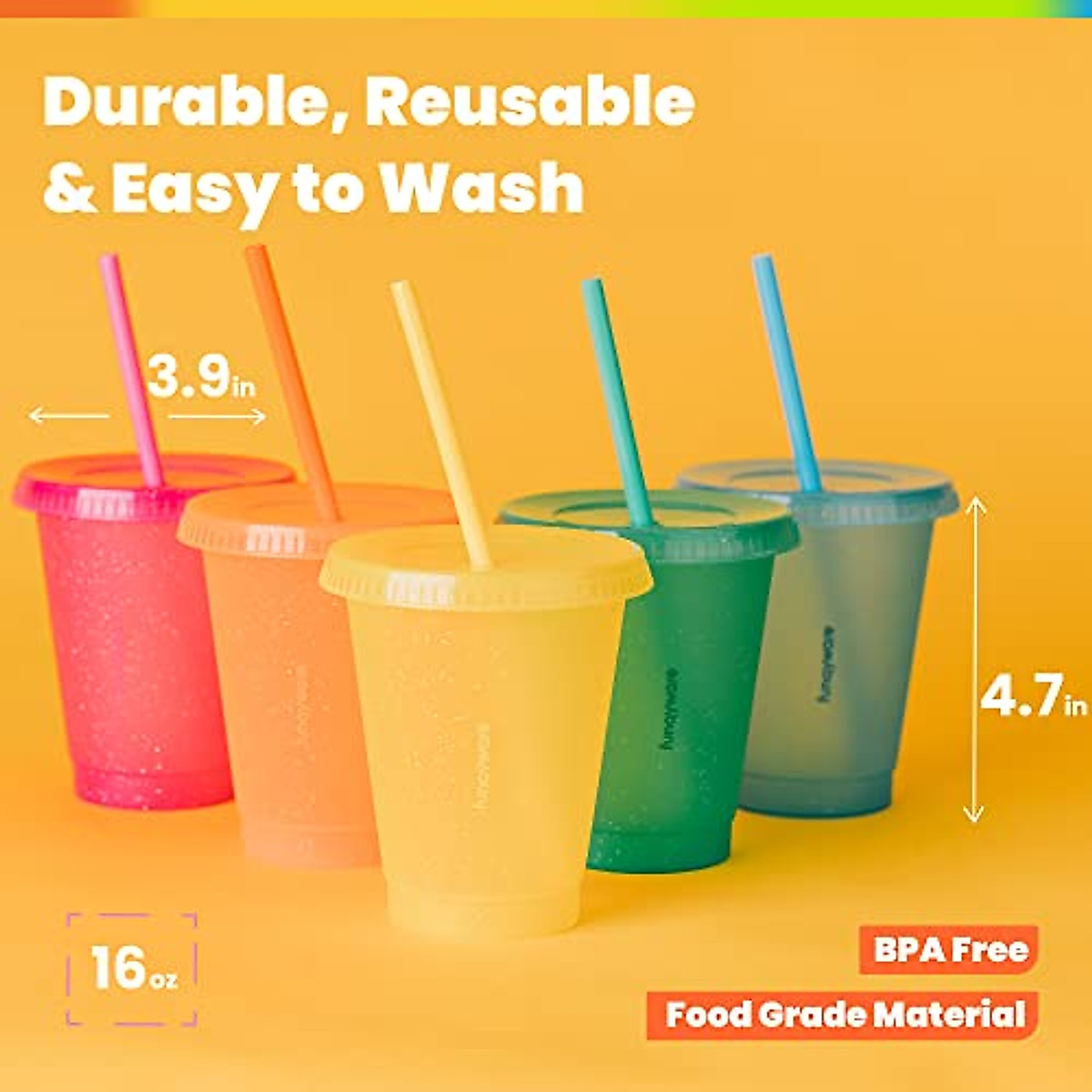 Kids Tumblers with Lids and Straws - 5 Reusable Cups with Lids and Straws, 16oz Glitter Tumbler Cute Cups for Kids in Rainbow Colors, Reusable Plastic Tumblers Cups with Lids and Straws for Smoothie