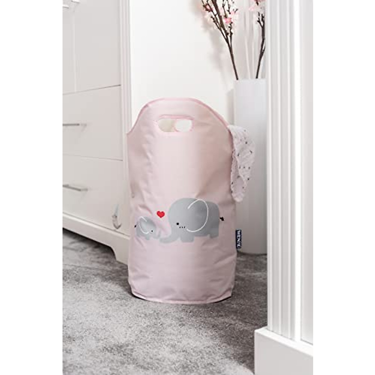 WENKO Kids Laundry Hamper, Baby Hamper for Nursery, Baby Basket for Dirty Clothes, Elephant Nursery Hamper, Toy Basket with Handles, Pink Laundry Bin, 15.7 x 20.5 x 7.9 inch