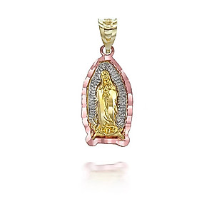 Dainty 10K Tri-Color White, Rose, and Yellow Gold 5/6" Our Lady of Guadalupe Immaculate Conception Catholic Pendant