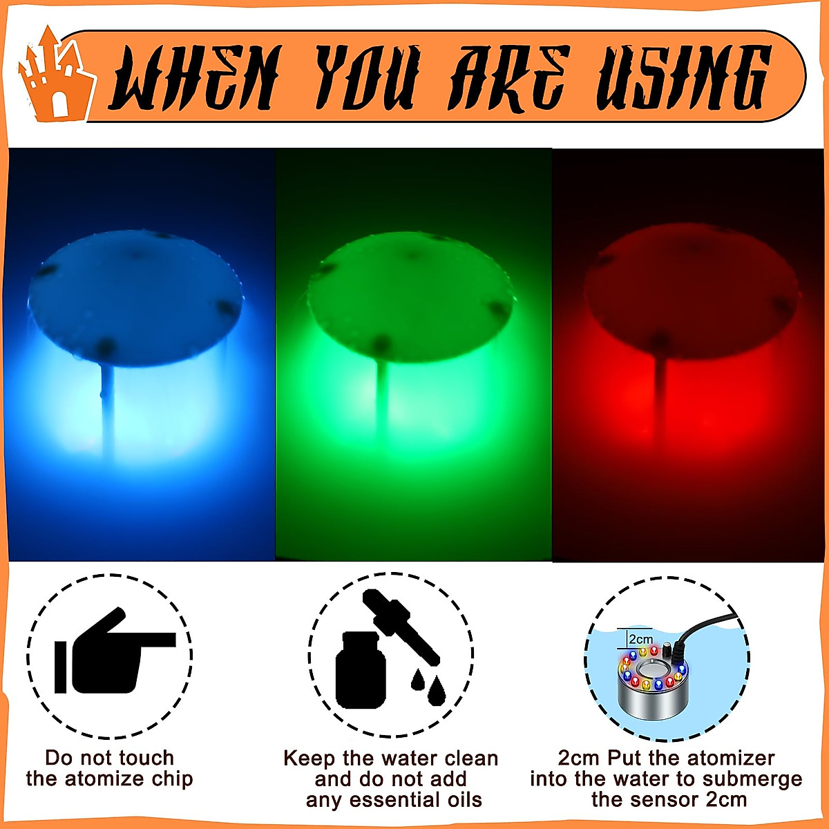 Kanayu 2 Sets Halloween Ultrasonic Mist Maker Fogger 12 LED Lights Aluminum Mister with Adjustable Fog Controller Splash Guard for Water Fountain Pond Fishtank (Plastic, Bright Style)