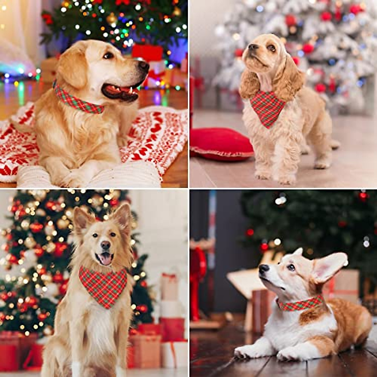 Taglory Christmas Dog Collars and Bandanas Set, Xmas Costume Triangle Pet Scarf & Collar for Medium Large Dogs, Red Plaid, 14-20"
