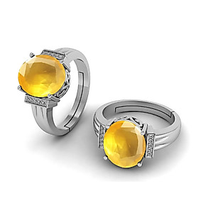 LMDPRAJAPATIS 7.25 Ratti Natural AA+ Quality Stone Yellow Sapphire Silver Plated Statement Ring For Women's