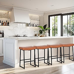 MAISON ARTS Brown Bar Stools Set of 2 Counter Height 24 Inches Saddle Stools for Kitchen Counter Backless Modern Barstools Upholstered Faux Leather Stools Farmhouse Island Chairs, Brown, 2pcs