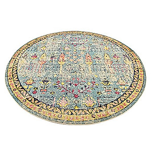 Unique Loom Monterey Collection Vintage Bohemian Inspired with Distressed Tribal Design Area Rug, Round 8' 0" x 8' 0", Blue/Yellow
