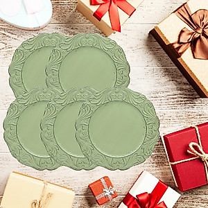 Leemxiiny Antique Green Charger Plates with Embossed Edge, Plastic Flora Decorative Chargers for Dinner Plates Set of 6 Bulk Wedding for Table Setting, Party, Holiday