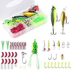 Winshall Fishing Lures Tackle Baits Kit for Freshwater Fishing Tackle Box with Tackle Included 56 PCS in Tackle Box including Metal Lures Soft bait Plastic Worms Fishing Gear and Accessories