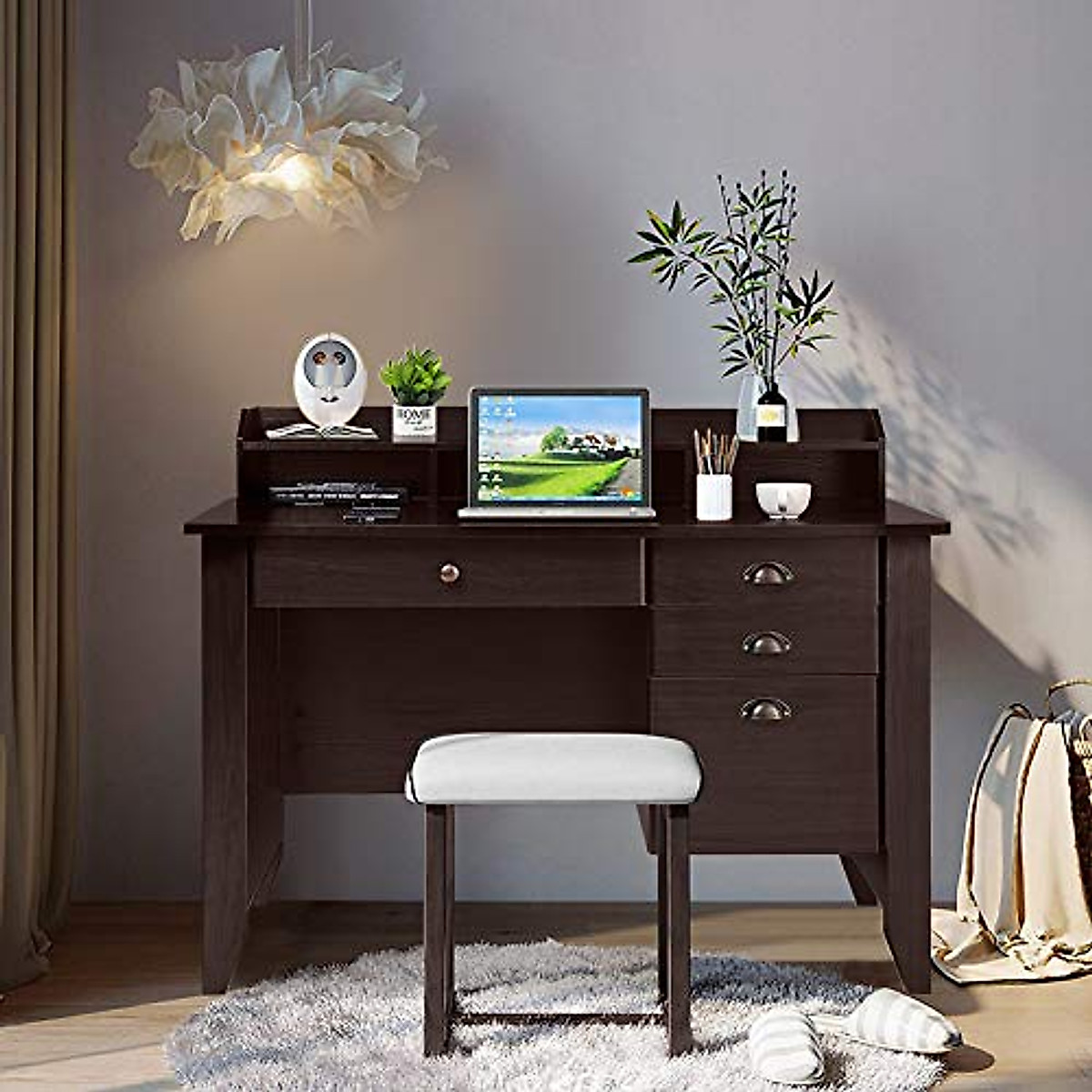 WATERJOY 48" Computer Desk with 4 Storage Drawers and Hutch Wood Executive Table for PC Laptop Table