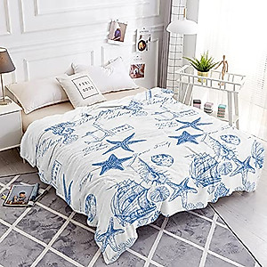 ERXPOOD Flannel Fleece Blankets, Soft Warm Throw Blanket Ocean Underwater Marine Life Starsfish Shell Lightweight Sofa Bedspread Throws for Couch/Bed/Living Room Bedroom Nautical Sailboat Anchor