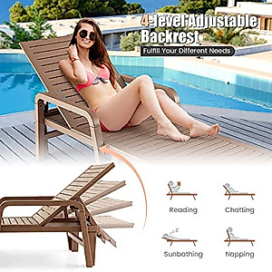 Tangkula Chaise Lounge Chair for Outside, Waterproof PP Patio Lounger with 4-Level Adjustable Backrest and Wood Texture Surface, Outdoor Recliner Chair with Armrests for Poolside Backyard (1, Natural)