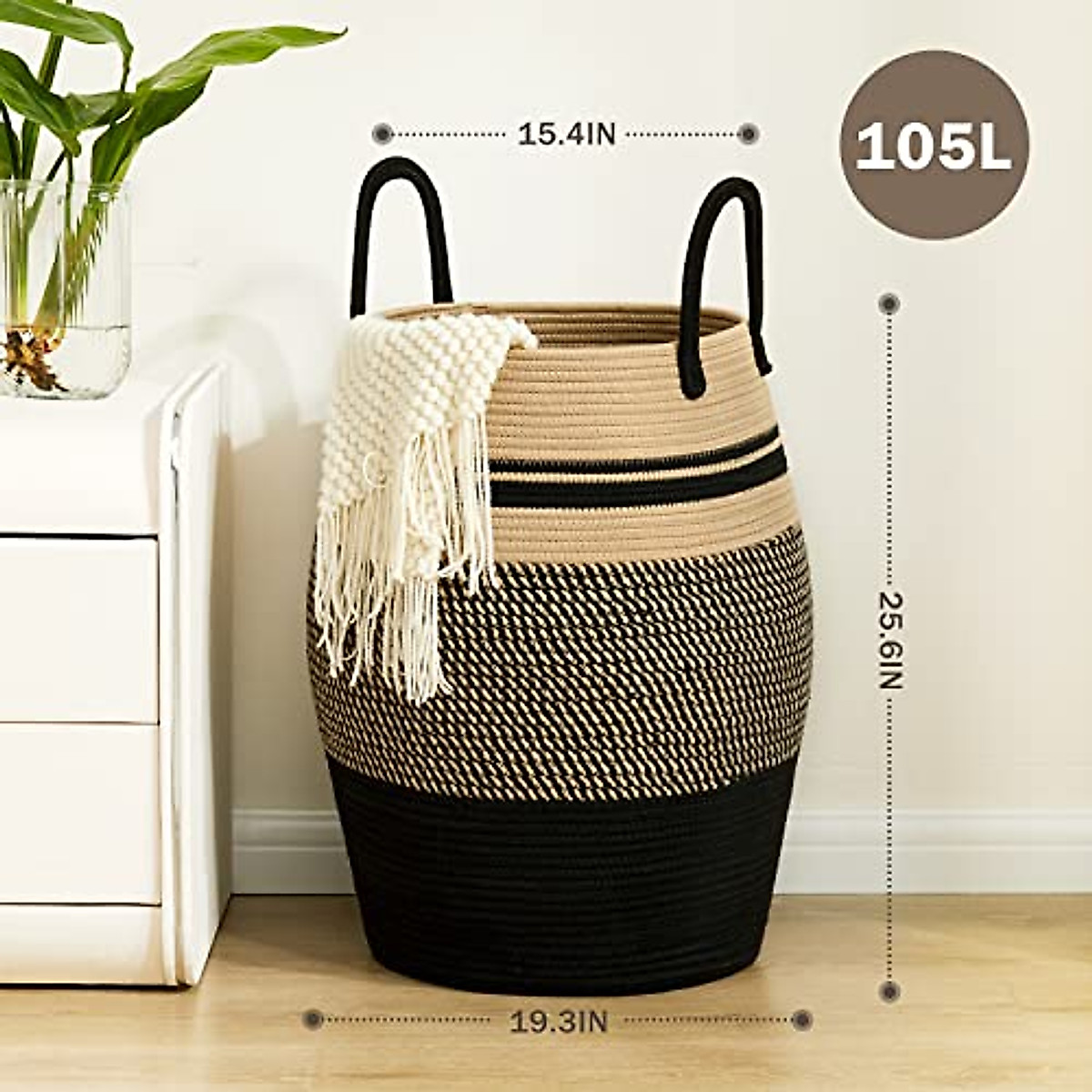105L Extra Large Laundry Hamper Basket by Fiona's magic, Woven Tall Clothes Hamper for Storage Blanket, Toys and Dirty Cothes in Bedroom and Living Room Organizer, Brown & Black