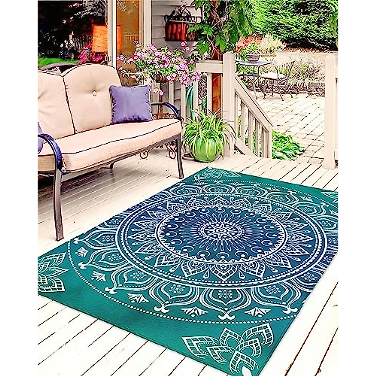 Outdoor Rugs, Waterproof Indoor Carpet, Blue and Green Medallion Custom 4'x6' Outside Area Rug for Patios RV Camping Beach Floor Mat for Balcony Bed Room Living Room Dining Room Mat