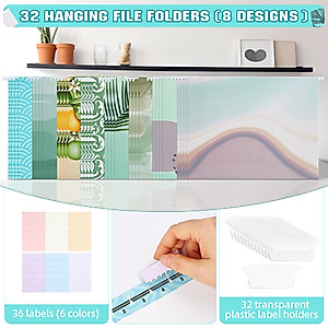 32 Colored Hanging File Folders with Tabs and Inserts, 8 Pretty Graphic Designs, 1/5 Cut Adjustable Tab, 9.3 x 11.7 Inches to Fit Letter Size Documents
