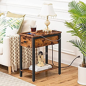 HOOBRO Side Table with Charging Station, Narrow Nightstand with Drawer & USB Ports & Power Outlets, End Table for Small Spaces, in Living Room, Bedroom, Wood Look Accent Table, Rustic Brown BF041BZ01