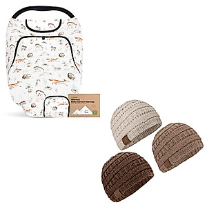 KeaBabies Car Seat Cover for Babies and 3-Pack Baby Beanies, Baby Hats - Baby Car Seat Canopy for Spring, Autumn, Winter - Newborn Hats - Universal Stretch Fit Car Seat Cover for Babies, Boys, Girls