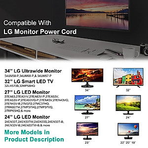 HKY 19V AC DC Adapter Compatible with LG 34" 32" 27" 24" 23" 22" 20" 19" LCD LED HD TV Monitor Widescreen LG 32ML600M-B 24MP400-B 27MP400-B 34WP65C-B 29WP60G-B 27GL83A-B 24GN600-B 34WN80C-B 24MP60G-B