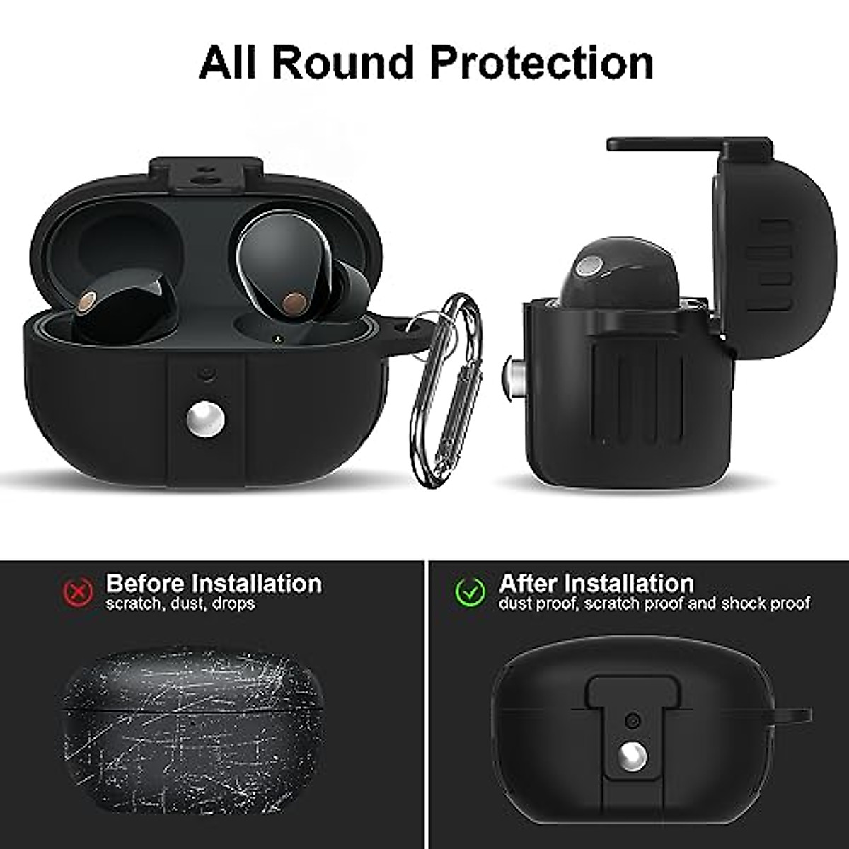 [Secure Lock] Case Cover Compatible with Sony WF-1000XM5, Silicone Case for Sony WF-1000XM5 Earbuds, Shockproof Anti Scratch Case Protective Cover with Carabiner and Lanyard (Black)