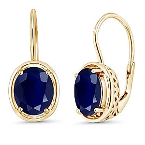Gem Stone King 18K Yellow Gold Plated Silver Blue Sapphire Earrings | Oval 9X7MM Dangle Earrings for Women | 5.00 Cttw | Gold Earrings for Women