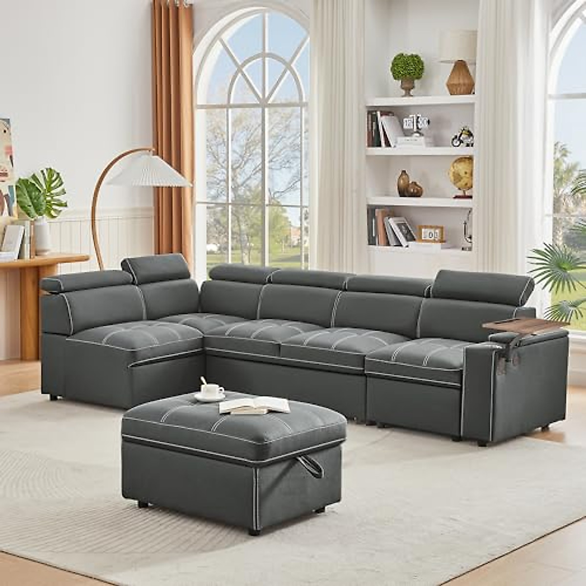Microfiber Sectional Sleeper Sofa with Pull-Out Bed , 5 Seater Convertible L-Shaped Couch with Adjustable Headrest , Storage Armrest , Ottoman ,Cupholder ,360° Rotated Table ,USB Ports for Living Room