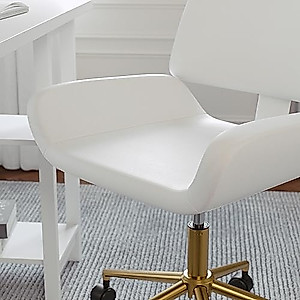 Martha Stewart Tyla Armless Swivel Task Chair for Home Office in White Faux Leather with Polished Brass Frame