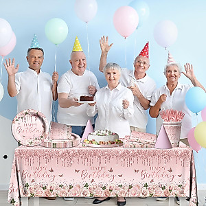 142Pcs Pink Rose Gold Birthday Party Supplies - Pink Birthday Party Tableware Disposable Dinner Plate,Tablecloth Rose Gold Theme Birthday Party Decoration for 50th 60th 70th 80th Women or Girls