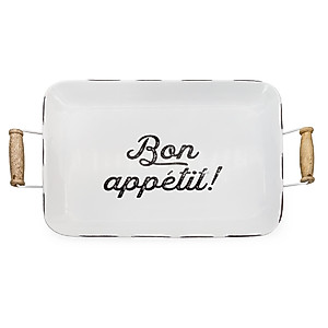 AuldHome Enamelware Bon Appetit Tray (White); Distressed Farmhouse Style Metal Decorative Serving Platter