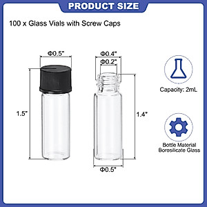 PATIKIL 2ml Clear Glass Vials, 100 Pack Sample Vials with Screw Cap Reagent Media Bottle Leak-Proof Liquid Sample Glass Vial for Lab Laboratory