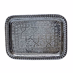 13.3 Inch Rectangular Moroccan Handmade Serving Tea Tray Silver Plated Brass Handcrafted Plate in Fez Morocco