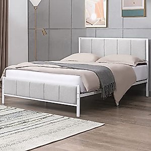 Mjkone California King Size Bed Frame, Linen Upholstered Platform Bed Bedroom, Bed Frame with Channel Tufted Headboard, No Box Spring Needed Light Gray