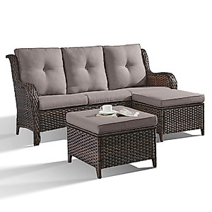 Outdoor Patio Furniture - 3 Seater Outdoor Rattan Wicker Sofa Patio Couch with Ottoman for Porch Deck Garden Backyard - Brown/Grey