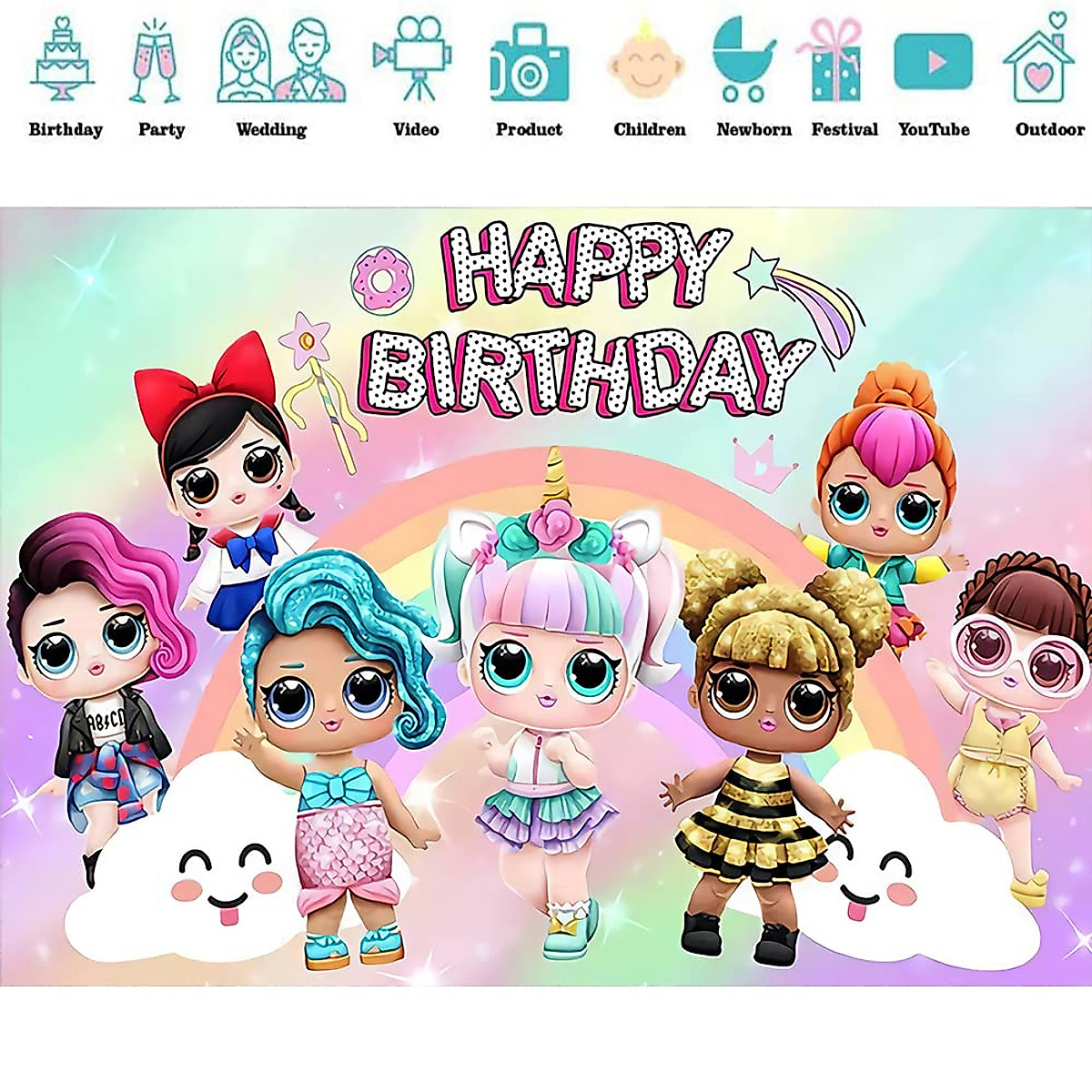 5X3FT Doll Toy Them Backdrop Happy Birthday Photo Photography Backdrops Dolls Girls Birthday Party Background Newborn Baby Shower Banner