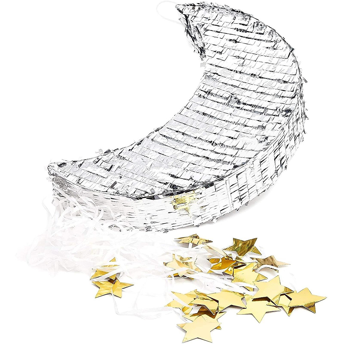 Juvale Pull String Moon Pinata for Twinkle Twinkle Little Star Birthday, Baby Shower Party Decorations (Silver Foil, 17x11x3 in)