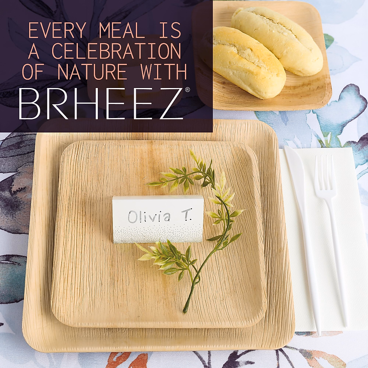 brheez Bamboo Plates made from Palm Leaf 25 Party Plates 10 Inch Eco Friendly Compostable & Biodegradable – Disposable Plates Heavy Duty and More Environmentally Friendly than Paper Plates