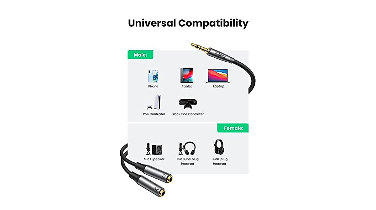 UGREEN Headphone Splitter for PS5, Xbox, Smartphone – Audio & Mic Adapter