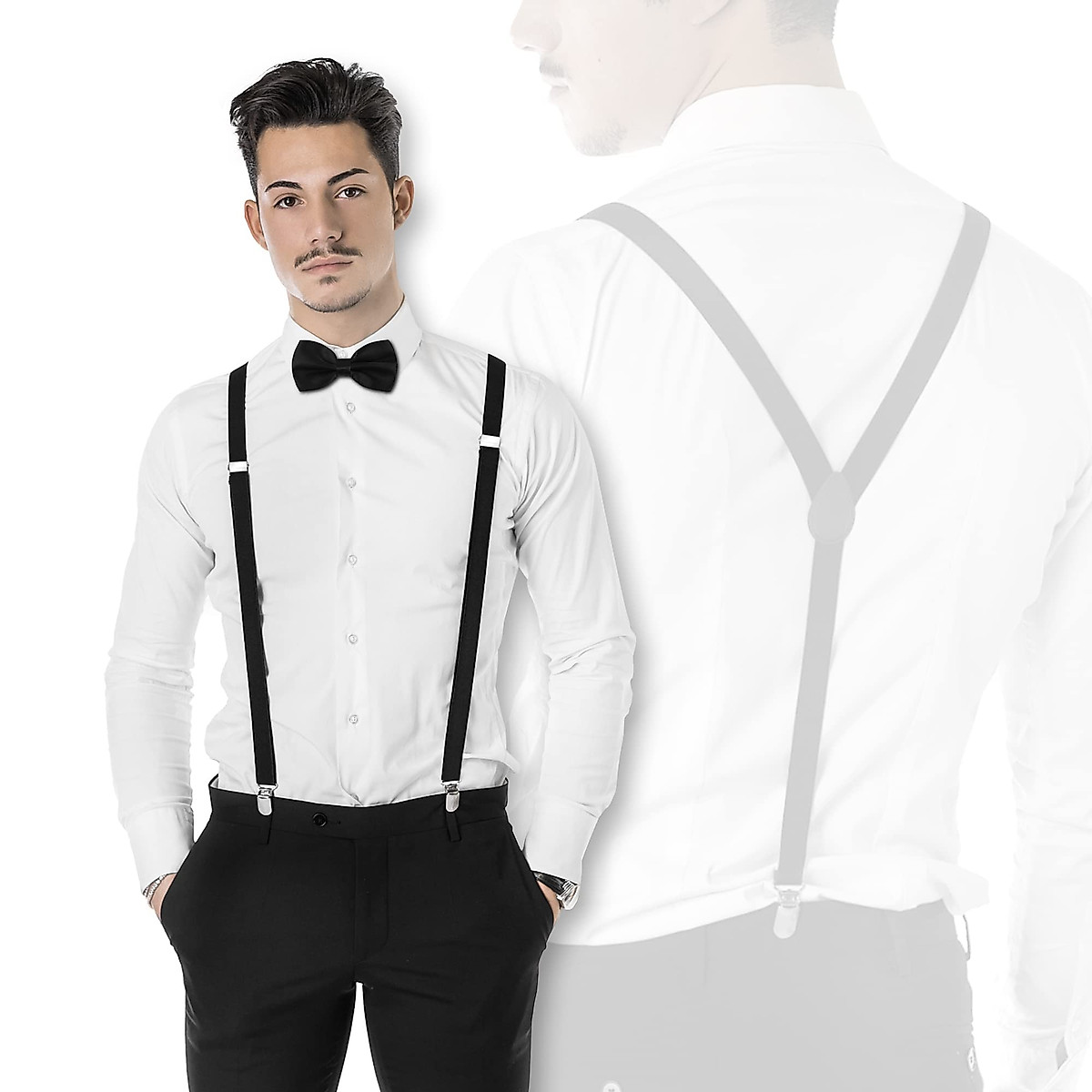 ULEEMARK Black Suspenders for Women Adjustable Buckle with Strong Clip Black Bow Tie,Elastic Y Shape Black Suspenders Men for Wedding